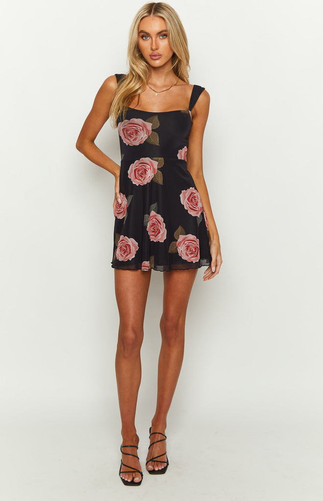 Eleanora Black Floral Mini Dress – Beginning Boutique US