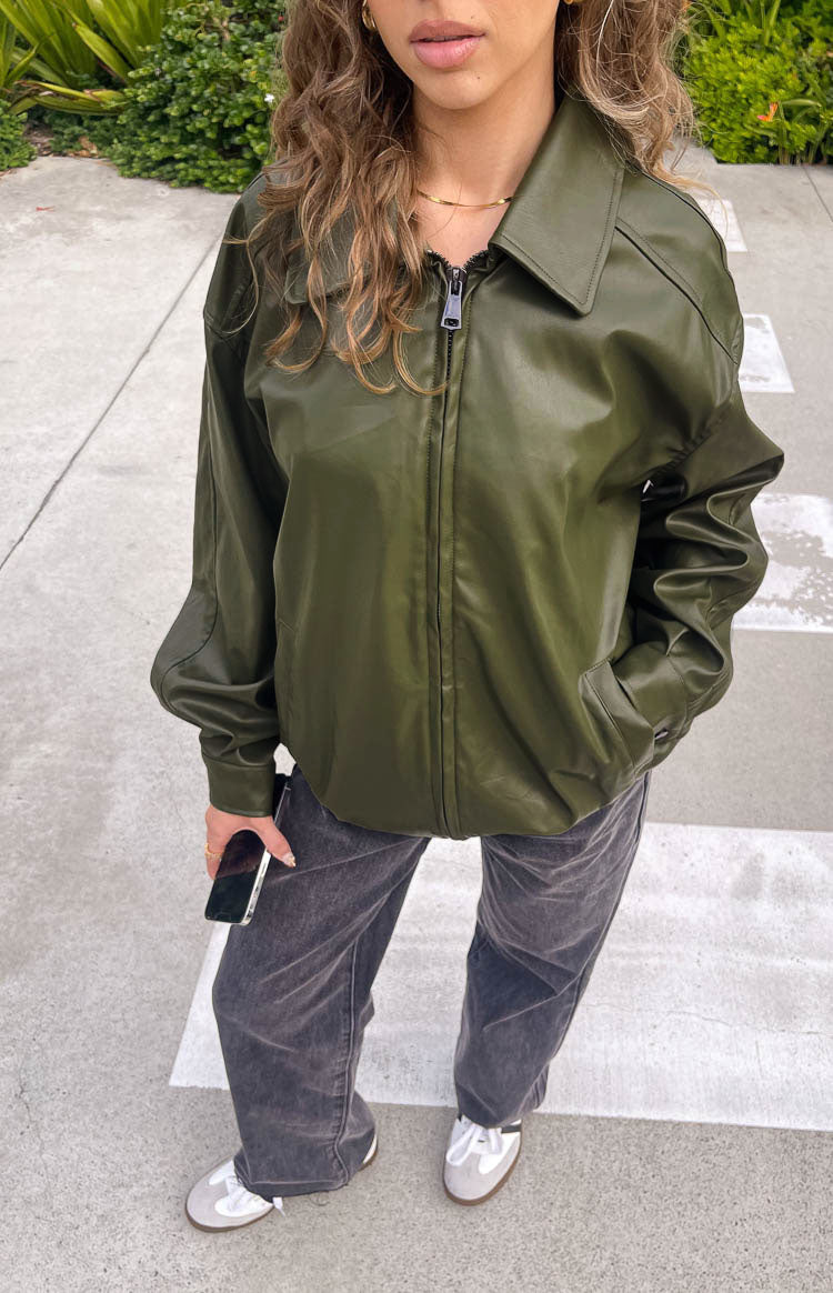 Abbi PU Olive Bomber Jacket – Beginning Boutique US