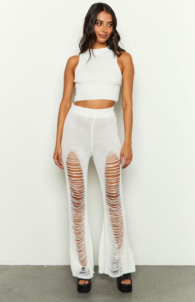 Aviva White Ladder Knit Flare Pants – Beginning Boutique US