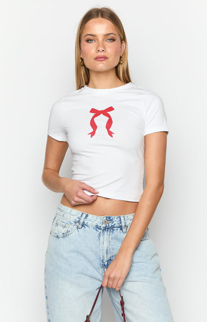 Bow White Baby Tee – Beginning Boutique US