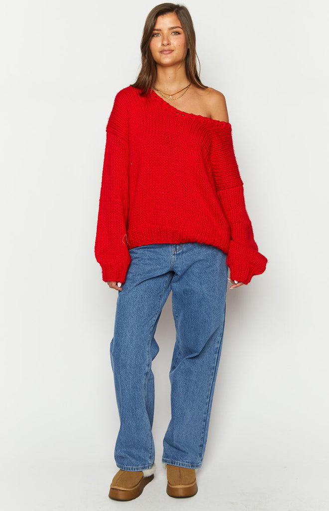 Delvey Red Chunky Knit Sweater – Beginning Boutique US