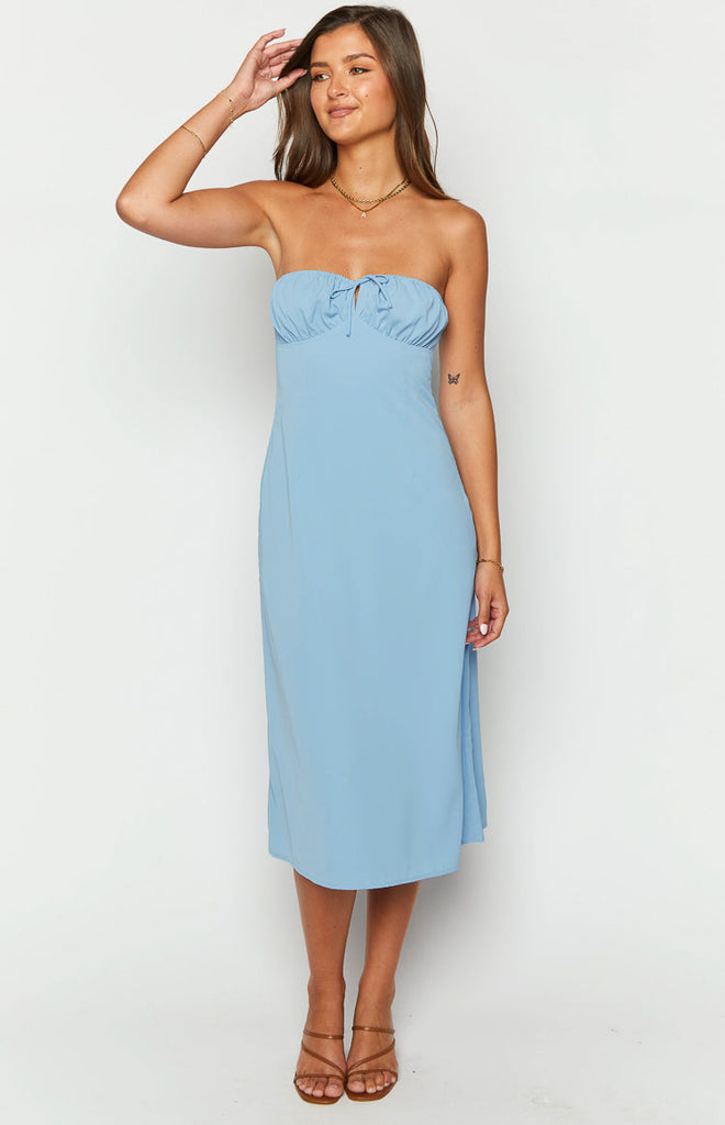 Dion Blue Strapless Midi Dress – Beginning Boutique US