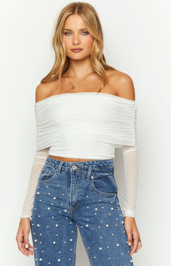 Ember White Mesh Long Sleeve Crop Top – Beginning Boutique US