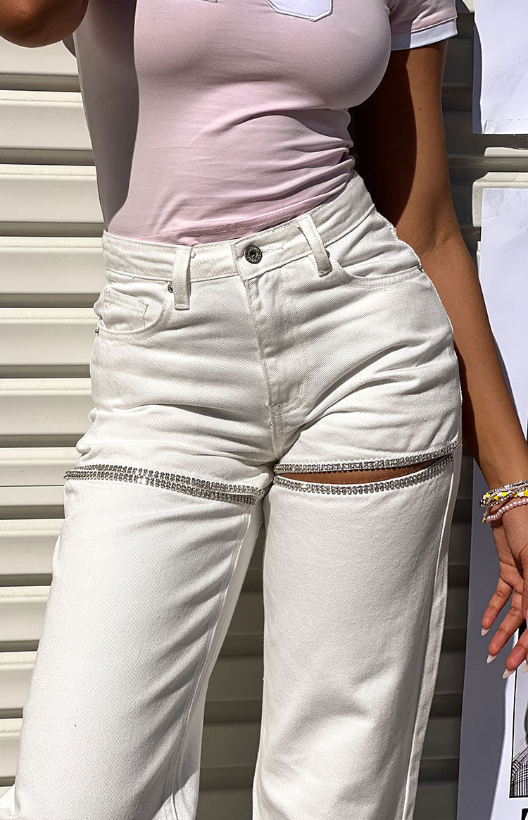 Gem Diamante Trim Wide Leg White Denim Jeans – Beginning Boutique US