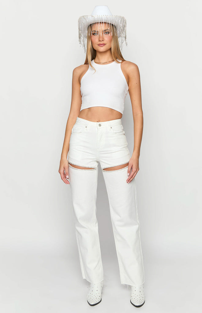 Gem Diamante Trim Wide Leg White Denim Jeans – Beginning Boutique US