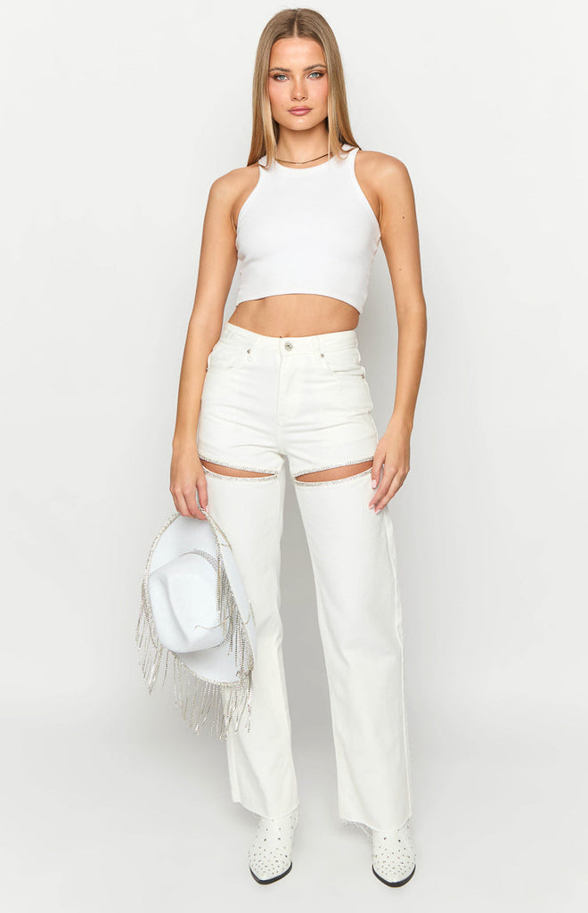 Gem Diamante Trim Wide Leg White Denim Jeans – Beginning Boutique US