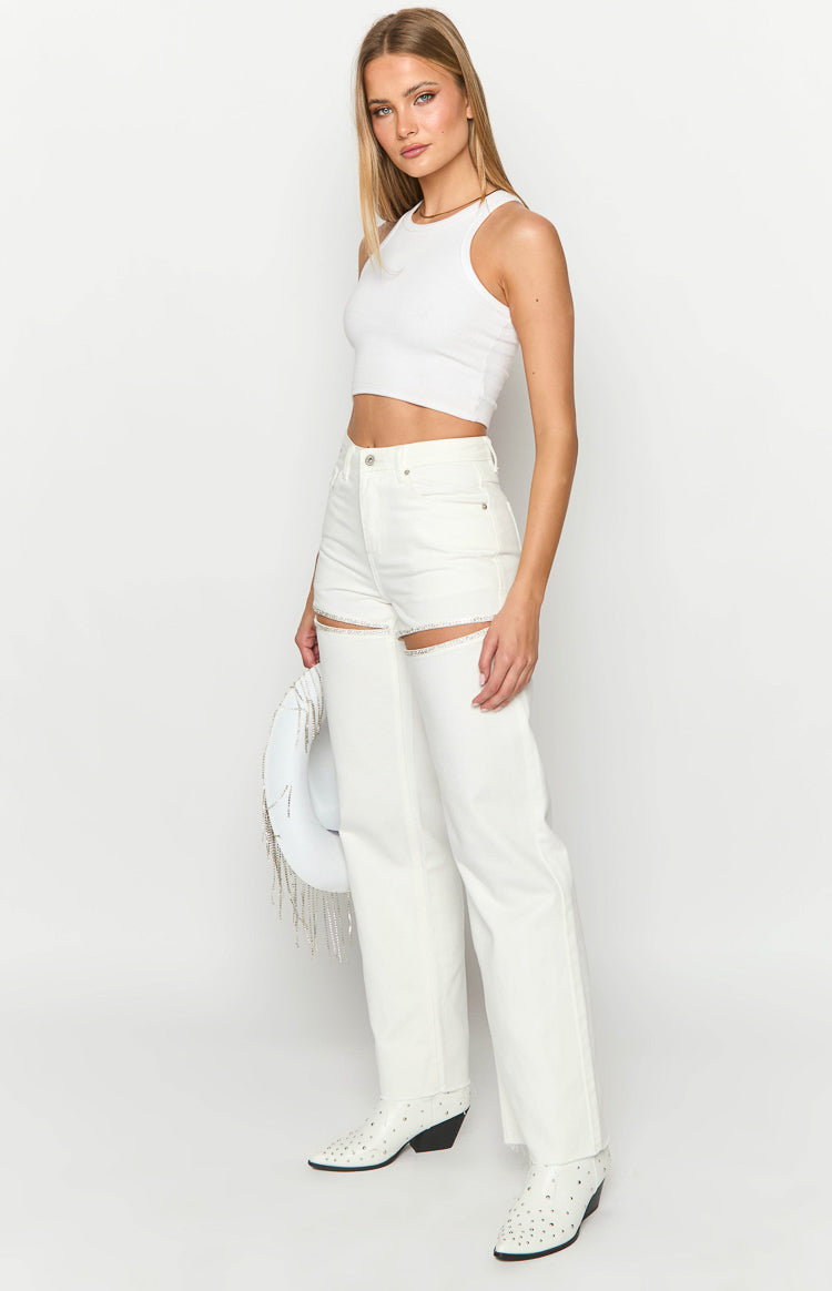 Gem Diamante Trim Wide Leg White Denim Jeans – Beginning Boutique US