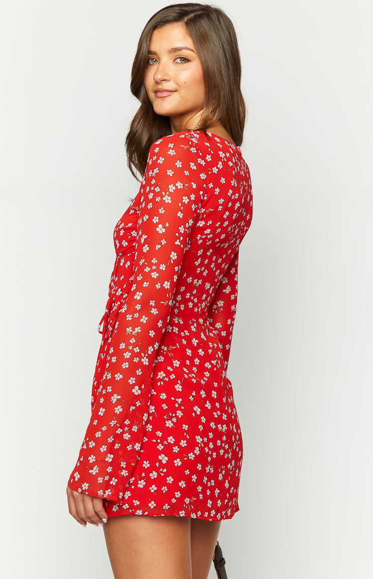 Goldie Red Floral Long Sleeve Mini Dress – Beginning Boutique US
