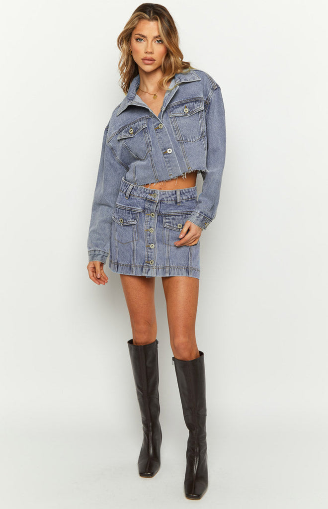 Helena Mid Wash Denim Cargo Mini Skirt – Beginning Boutique US