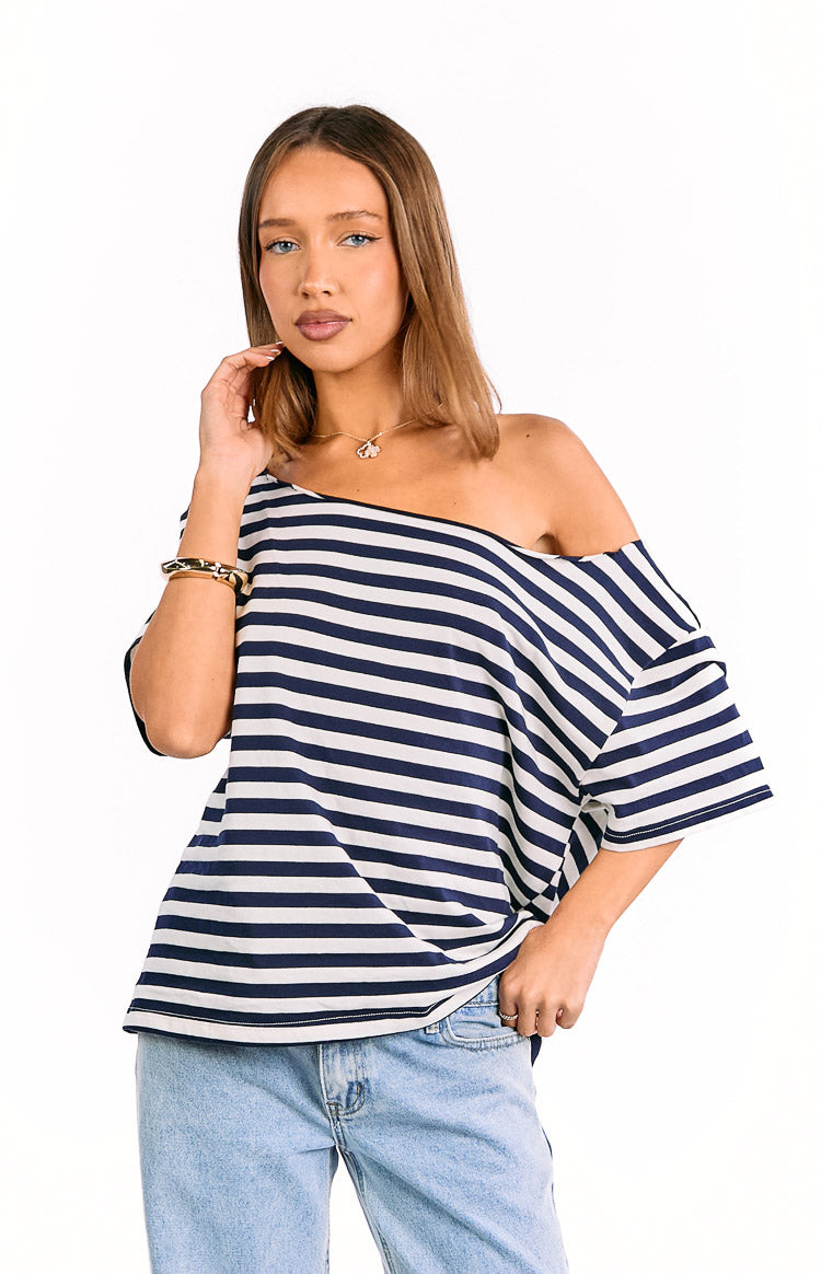Kaiser Navy Stripe Off Shoulder Oversized Top | Beginning Boutique US