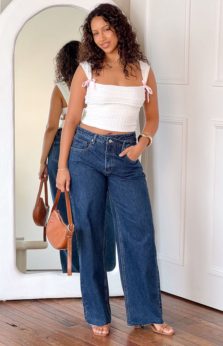 Kansis Dark Blue Uneven Waist Jeans | Beginning Boutique US