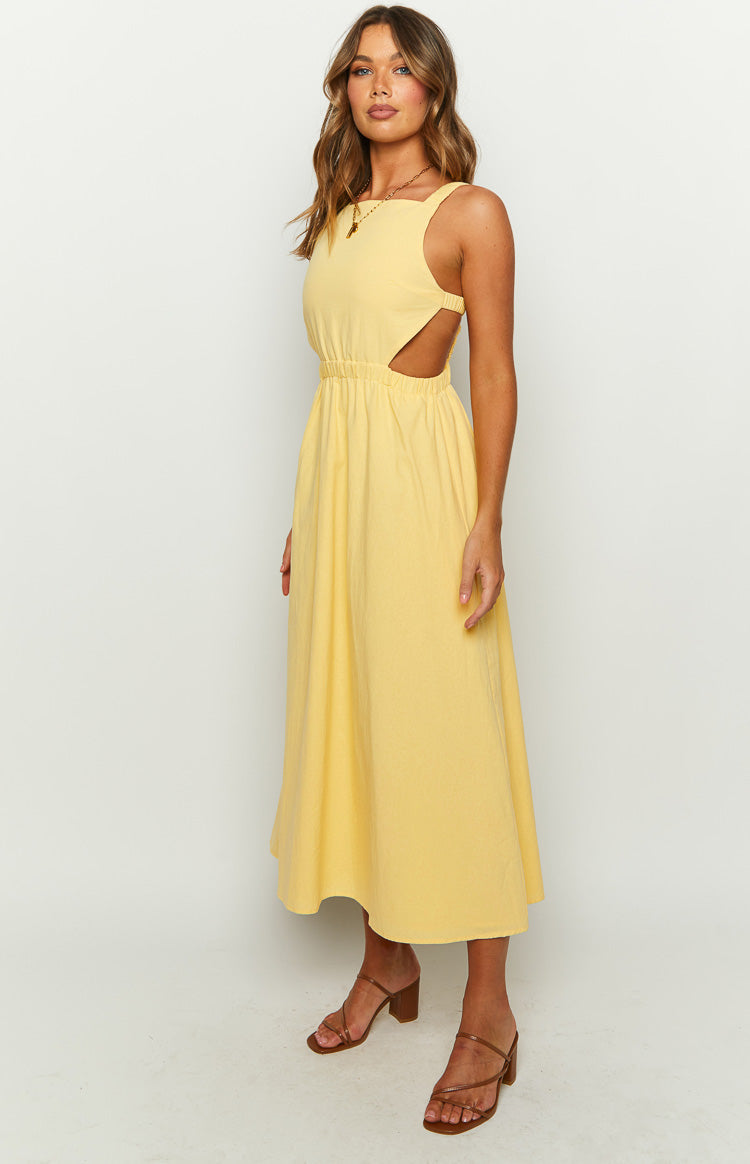 Kensington Yellow Backless Midi Dress – Beginning Boutique US