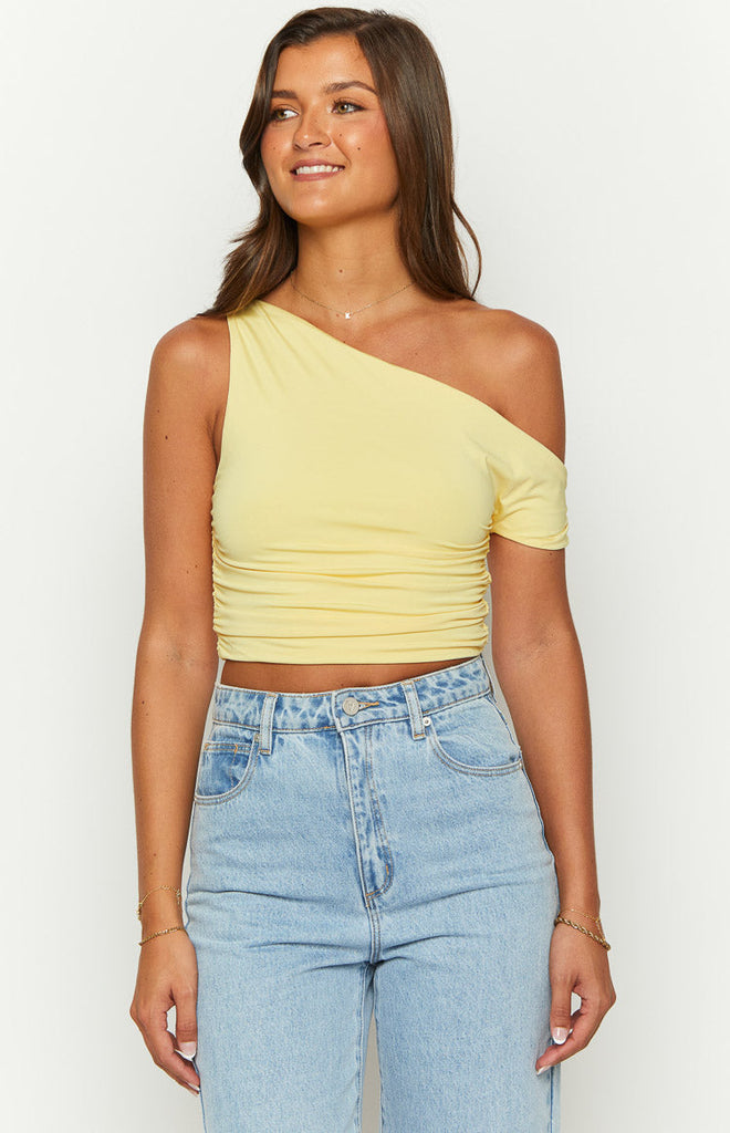 Limelight Drift Yellow Draped Off Shoulder Crop Top – Beginning Boutique US