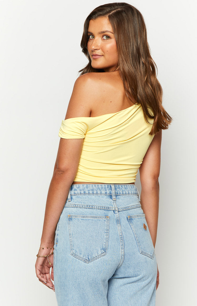 Limelight Drift Yellow Draped Off Shoulder Crop Top – Beginning Boutique US