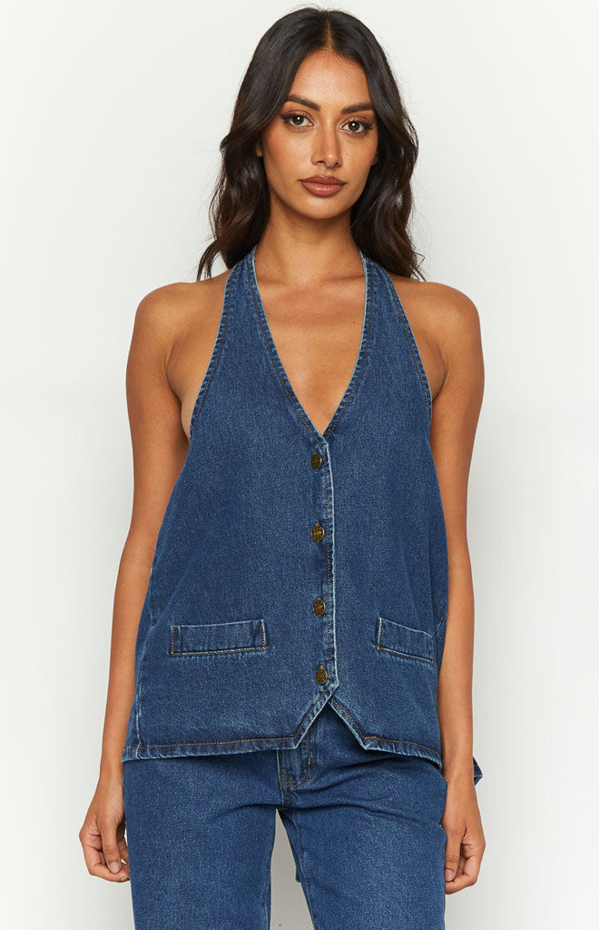 Lioness Hills Halter Dark Denim Vest – Beginning Boutique US