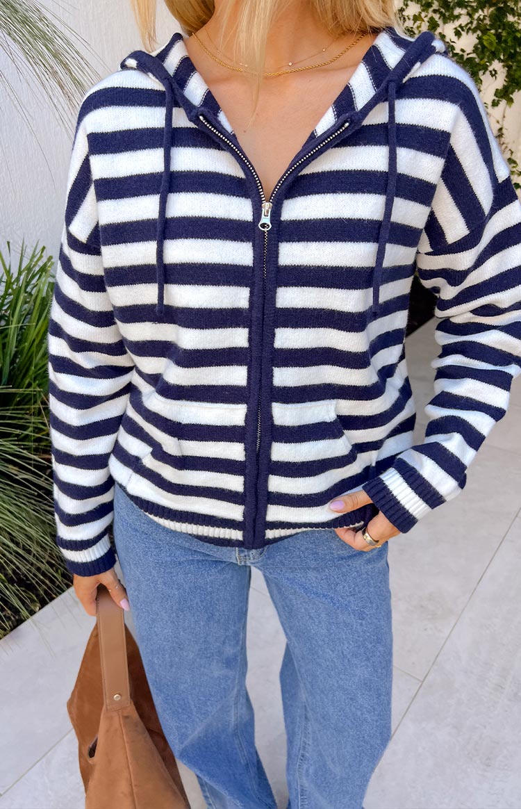 Mollie Navy Stripe Knit Zip Sweater | Beginning Boutique US
