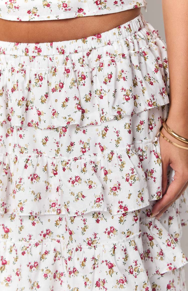 Paisley White Floral Ruffle Maxi Skirt – Beginning Boutique US