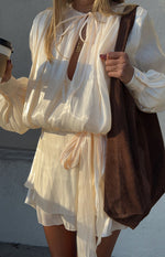 Quinton Pearl Satin Long Sleeve Tie Mini Dress | Beginning Boutique US