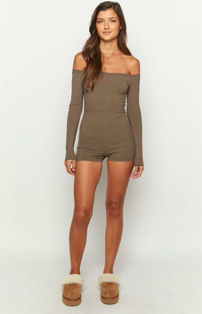 Raleigh Brown Long Sleeve Playsuit – Beginning Boutique US