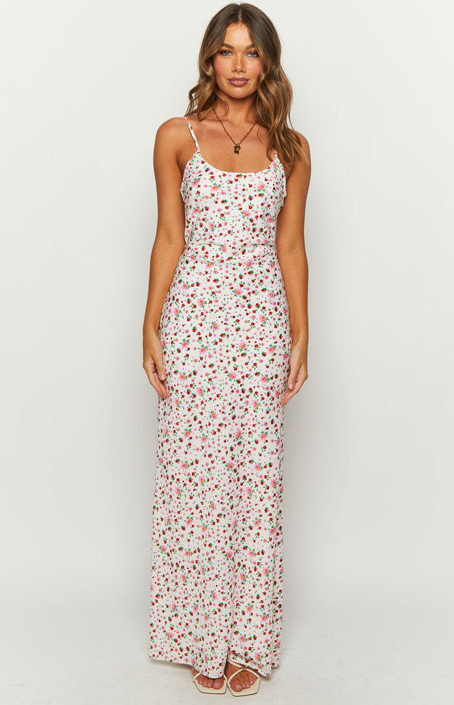 Renesmee White Floral Satin Maxi Dress – Beginning Boutique US