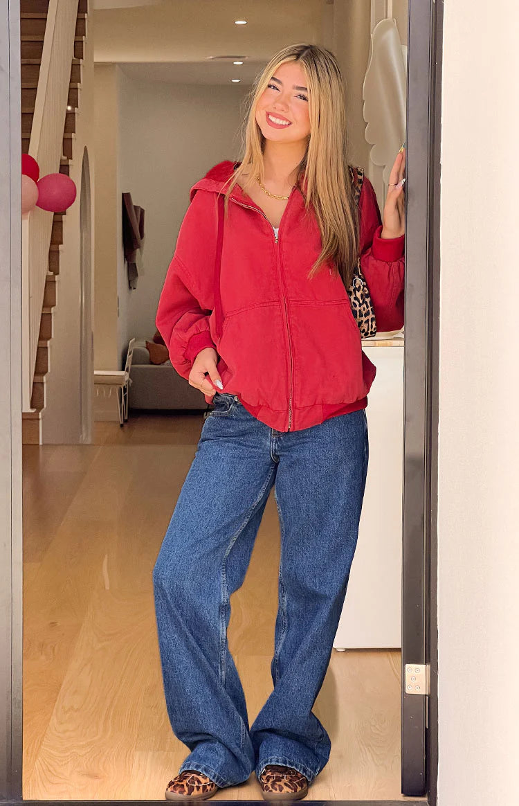 Tate Washed Red Oversized Hooded Jacket | Beginning Boutique US