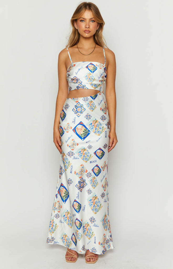 Willa White Satin Italia Print Maxi Dress – Beginning Boutique US