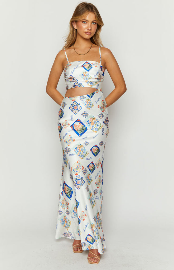 Willa White Satin Italia Print Maxi Dress – Beginning Boutique US